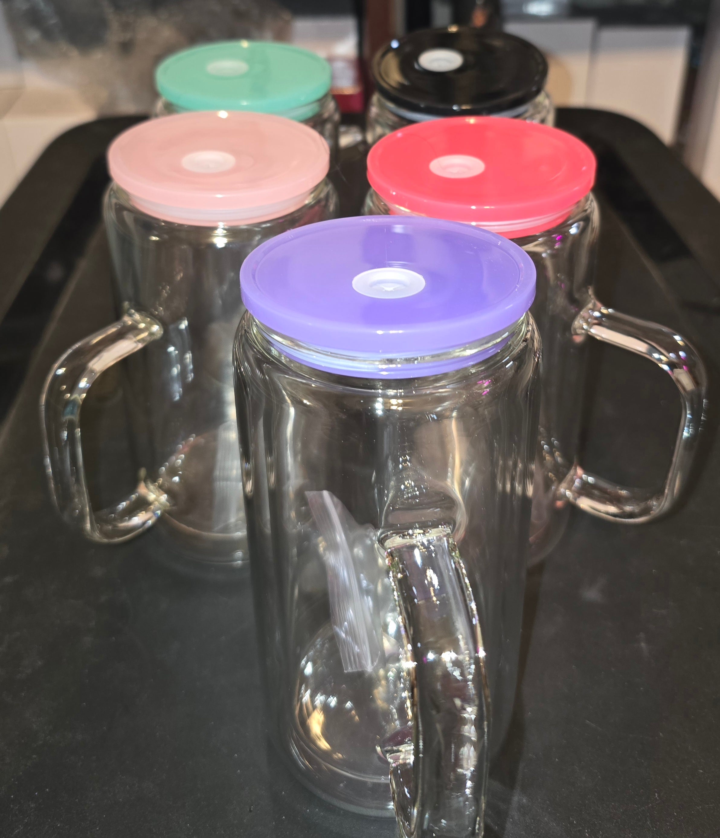 20oz GLASS SNOW GLOBE WITH HANDLE COLOR LIDS – Bee Happy Honey ...